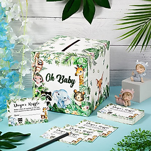 51 Pcs Woodland Baby Shower Card Box and Advice Cards, Diaper Raffle Game Box Tickets Jungle Theme Card Box Forest Raffle Box Baby Shower Decorations for Birthday, Gender Reveal Party Supplies