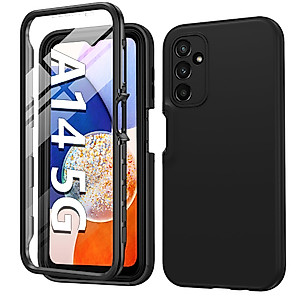 FNTCASE for Samsung Galaxy A14-5G Case: Shockproof Silicone Protective Phone Case with Built-in Screen Protector - Slim Dual Layer Rugged Sturdy Drop Proof TPU Protection Cover (Plain Black)