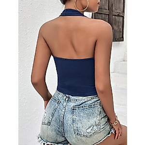 Ekouaer Women Halter Top Backless Scroop Neck Slim Stretchy Ribbed Knit Camisole Crop Tops(Navy,XXL)