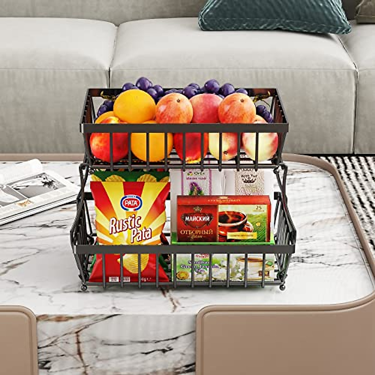 GILLAS 2 Tier Fruit Basket Countertop for Kitchen, Vegetable Bread Basket Fruit Bowl Storage Stand Detachable Metal Rectangular Wire Basket Black Medium