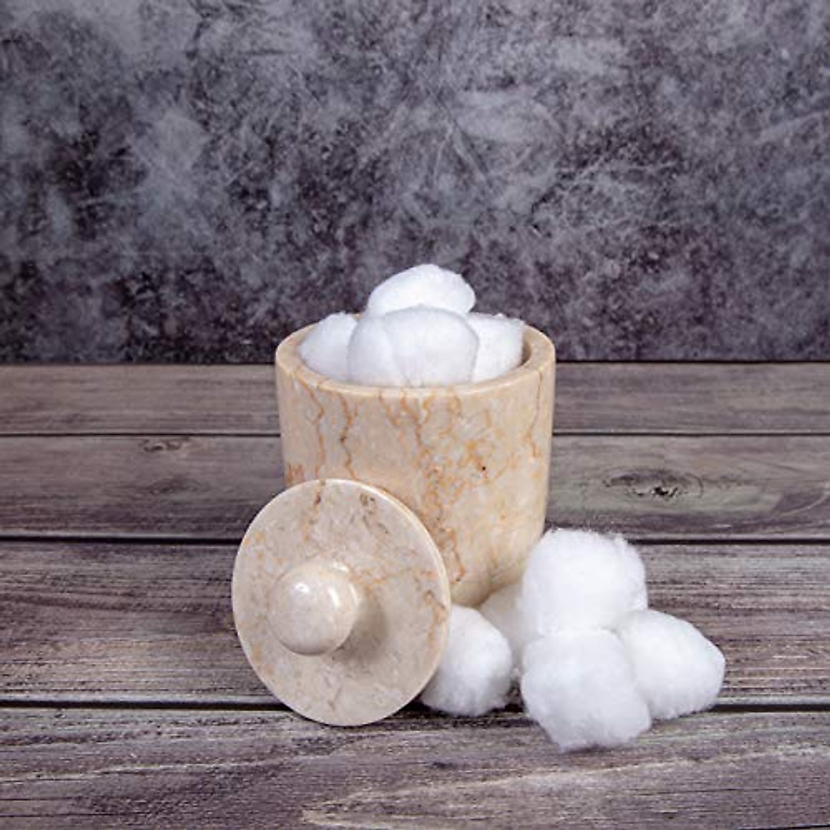 Creative Home Natural Champagne Marble Bullet Collection Cotton Ball Swab Holder Bathroom Countertop Storage Jar Container Organizer, 3.5" Diam. x 4.6" H, Beige