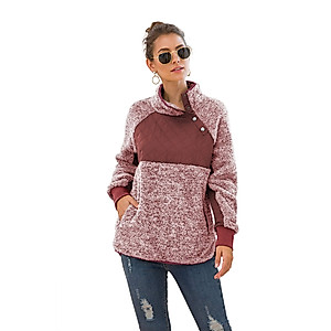 VIISHOW Women Long Sleeves Color-block Asymmetrical Paneled Long Sleeve Sweatshirt Pocket Sherpa Fleece Pullover Coat Jujube Red XX-Large