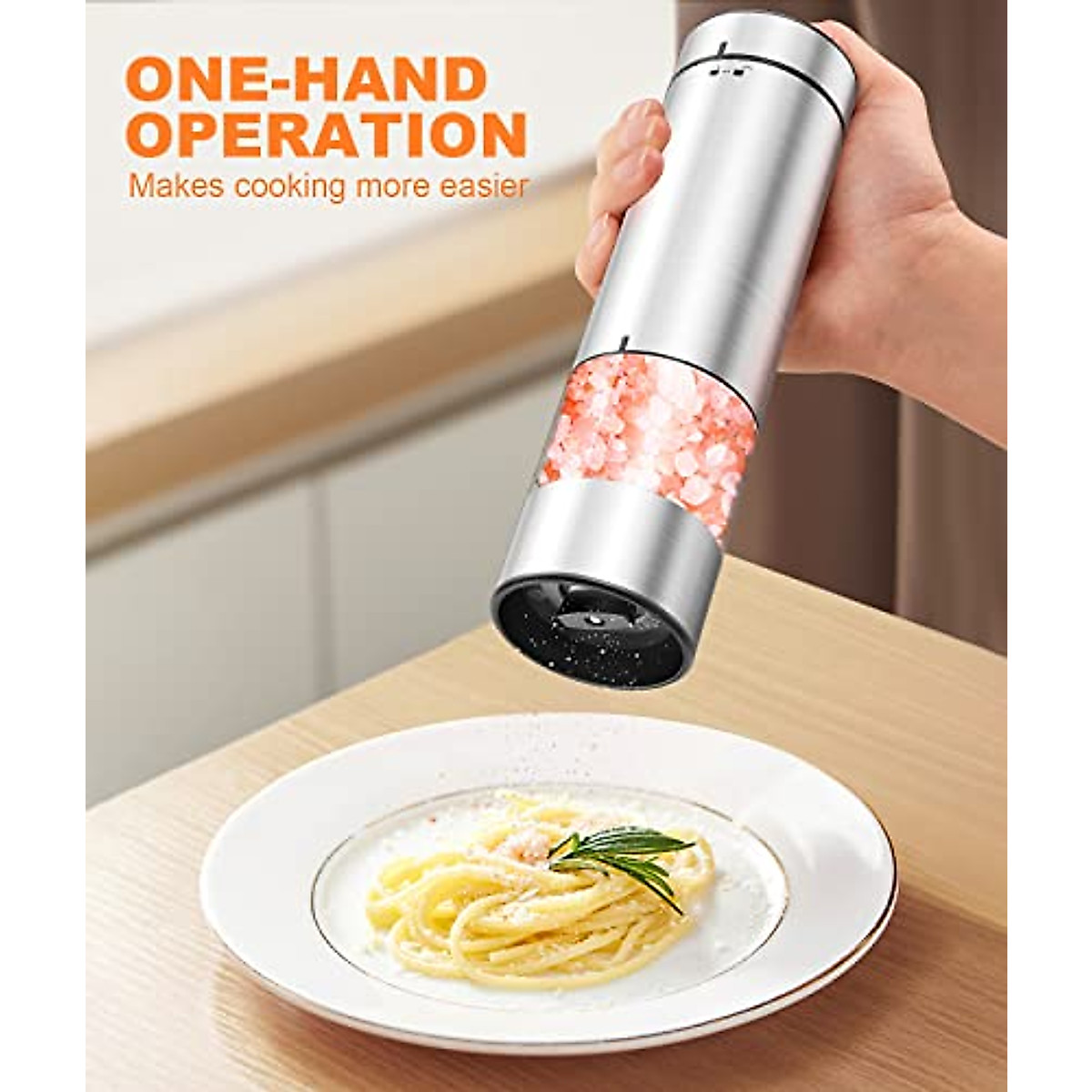 OUWMAN 2 Pack Electric Salt and Pepper Grinder Set, Automatic Stainless Steel Pepper Mill Grinder with Convenient One Hand Operation, LED Light, Adjustable Coarseness, Cleaning Brush, Battery Powered