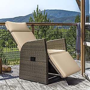 Flamaker Recliner Chair Adjustable Outdoor Indoor Wicker Lounge Chairs with Flip Table Patio Recliners & Thick Cushion for Balcony, Porch, Living Room (1 Pieces)