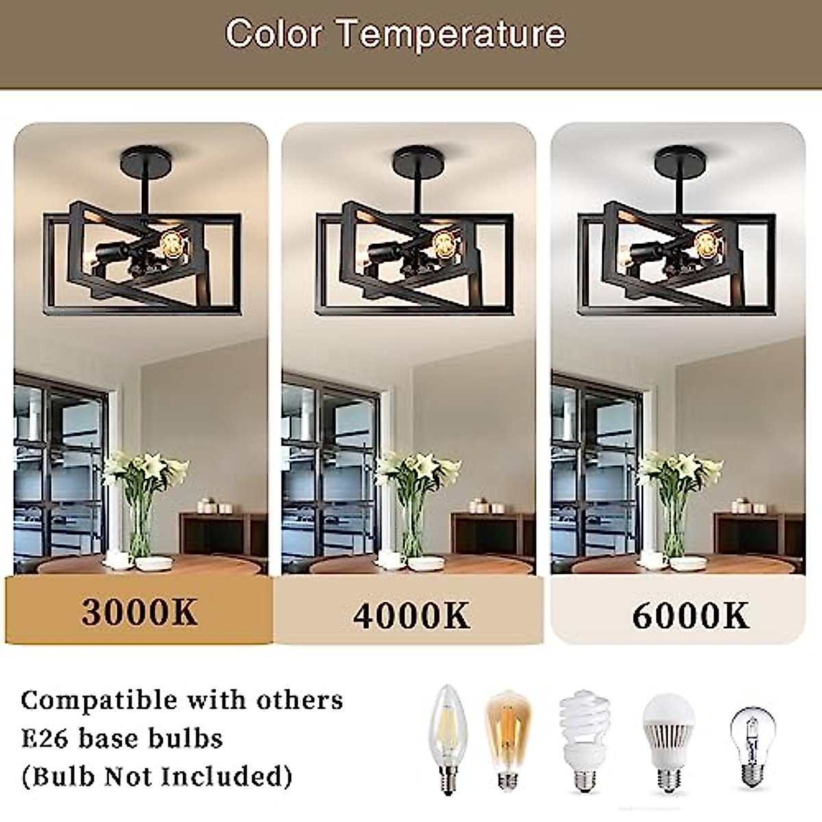 HuisMier 3 Lights Farmhouse Ceiling Light, Rustic Black Semi Flush Mount Ceiling Light Fixture Rectangular Metal Chandelier Lighting for Kitchen Foyer Hallway Bedroom Living Room Bathroom Entrance