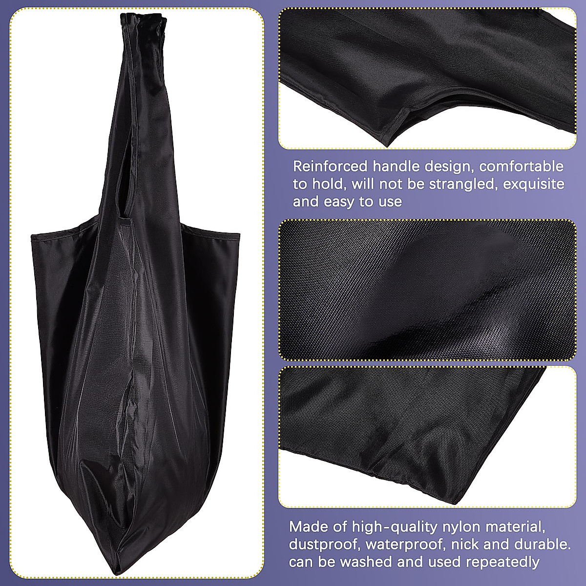 BEEFLYING 3pcs Foldable Eco-Friendly Nylon Grocery Bags Reusable Waterproof Shopping Tote Bags Black with Pouch and Bag Handle (52.5x60x0.15cm)