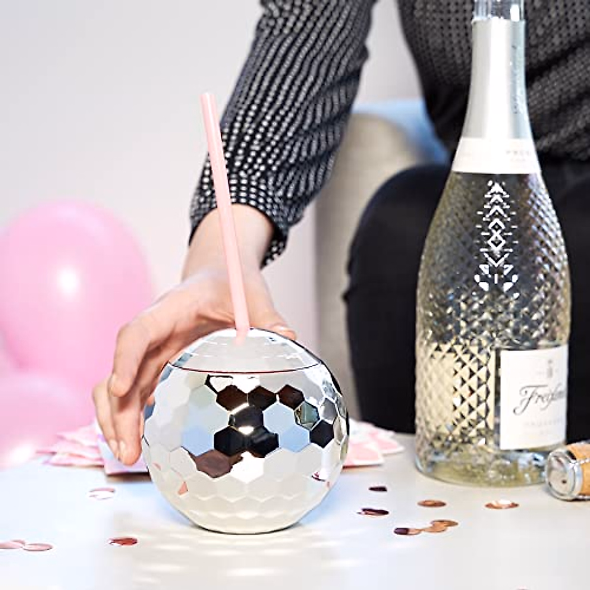 Blush Silver Disco Ball Cup with Straws for Parties - 16 Ounce Cute Sparkly Glitter Cocktail Disco Ball Drink Tumbler, Party Supplies