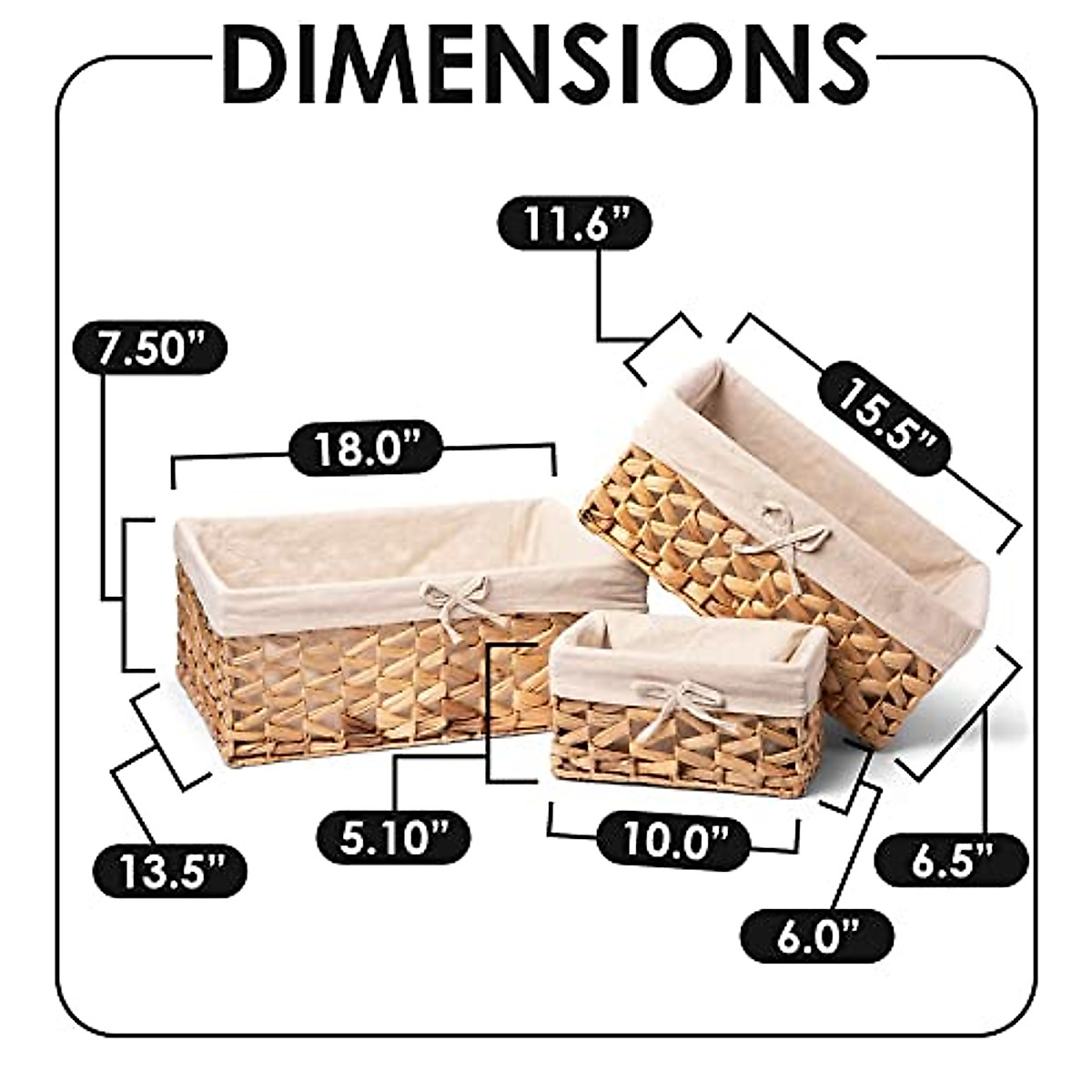 Natural Hyacinth Wicker Storage Baskets, Set Of 3 Hand Woven Water Hyacinth Baskets for Living Room, Organizing Decorative, Woven Basket Organizer Bins with Detachable Lining, Large Medium Small