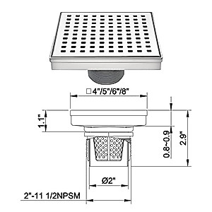6 inch Square Shower Drain, Square Hole Pattern Shower Drain, Brushed 304 Stainless Steel Linear Drain with Leveling feet & Hair Strainer