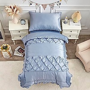 Toddler Bedding Set for Girls 4 Piece Pinch Pleated Grey Ruffle Fringe Pintuck Toddler Bed Comforter Set for Kids Bed-in-a-Bag Quilt Crib Sheet Set with Comforter,Flat Sheet,Fitted Sheet,Pillowcase