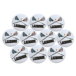 Novel Merk Lacrosse Refrigerator Magnets, Circle with Ball, Crosse Sticks, & Text for Gifts, Decor, Party Favors, & Prizes (10), Black White Red Blue, (jsfdj334)