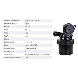 Star STL001 Automatic Utility/Laundry Sink Pump (1/3 HP) Mounts Directly Under Sink Tub, Heavy-Duty Thermoplastic, 115V, Includes Drain Screen, Check Valve & Ball Valve