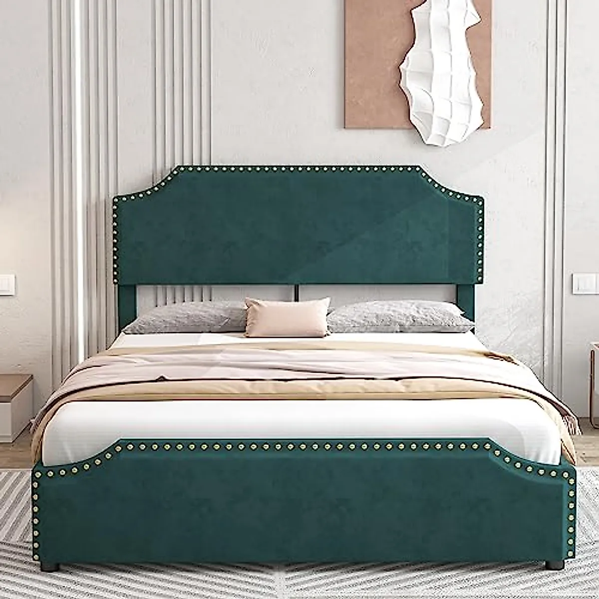bzbbzc Queen Size Velvet Upholstered Platform Bed Frame with 4 Storage Drawers and Headboard, Rivet Curved Adjustable Headboard/Strong Wooden Slats/Easy Assembly/Green