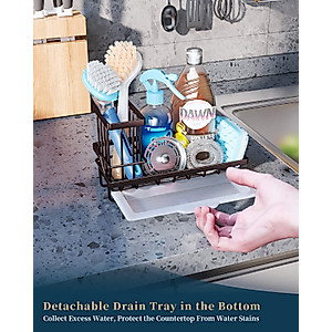 Consumest Sink Caddy Kitchen Sink Organizer, Sponge Holder for Kitchen Sink with Removable Drip Tray for Countertop Dish Soap Holder Dispenser Brush Holder, 304 Stainless Steel - Bronze
