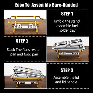 Jwevvie Chafing Dishes for Buffet 4 Pack, 8QT Gold Stainless Steel Half Size Chafing Dish Buffet Set, Chafers and Buffet Warmers Sets for Birthday, Wedding, Rolled-Edge Design