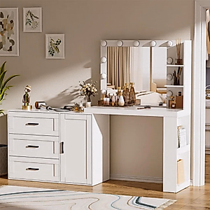PAKASEPT Vanity Desk with Mirror and Lights, Makeup Vanities with Charging Station, White Vanity with 3 Color Lighting, Drawers, Hidden and Open Shelves, Girls Dressing Table for Bedroom