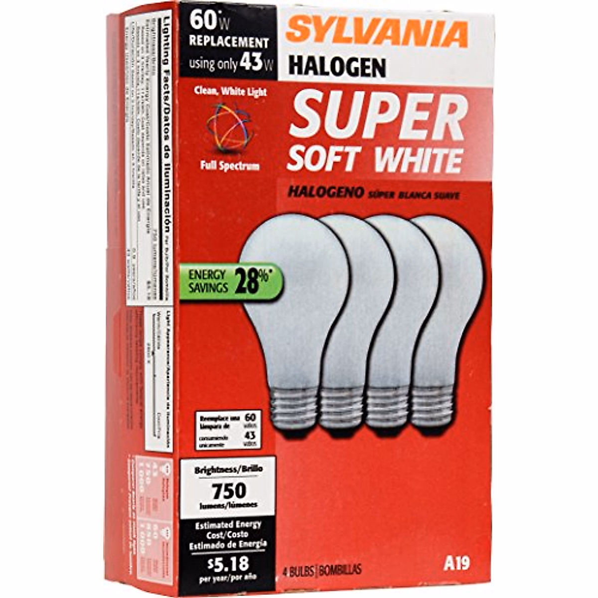 SYLVANIA Halogen A19 Light Bulb, 43W=60W Equivalent, E26 Medium Base, 600 Lumens, 100 CRI, 2700K Soft White - 4 Pack (50005)