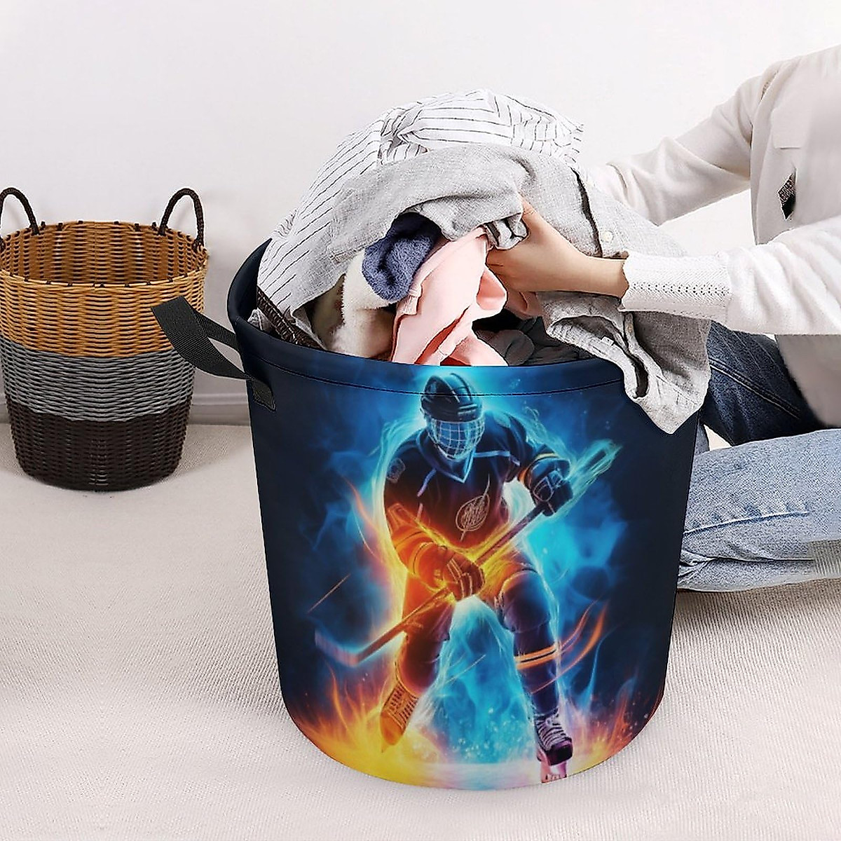 Hockey Player Playing Laundry Basket Hamper Bag Dirty Clothes Storage Bin Waterproof Foldable Toy Organizer for Bedroom Clothes Toys Basket