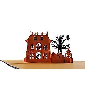 iGifts And Cards Creepy Haunted Mansion 3D Pop Up Greeting Card - Happy Halloween Pumpkin, Friendly Ghost, Evil Witch, Spooky Owl, Large Spider, Black Cat, Fun Birthday Gift, Cute Tombstone & Cemetery