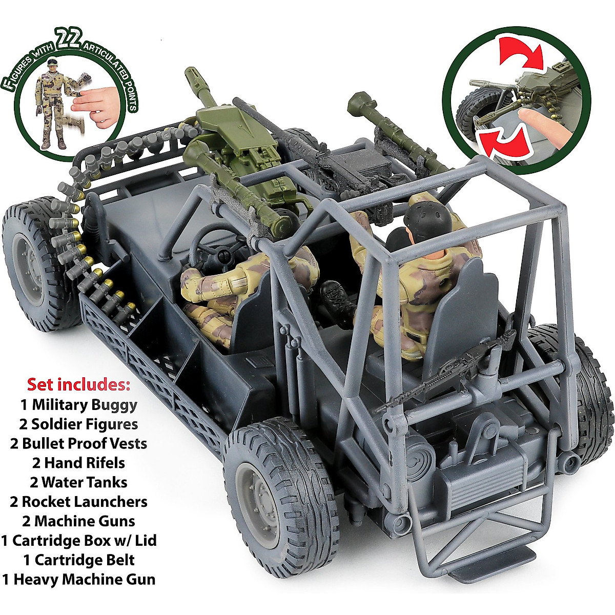 Click N' Play Military Desert Patrol Vehicle (DPV) Buggy, 16 Piece Action Figure Play Set with Accessories Including Army Gear & Military Buggy, Playset for Boys 3+ , White,Grey/Green