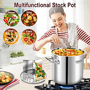 AOSION 24 Quart Stainless Steel Stock Pot With Lid, 3-IN-1 Large Heavy Duty Cooking Pot with Visible Lid for Pasta, Soup, Spaghetti,Big Soup Canning Pot with Steam Rack,Dishwasher & Oven Safe.