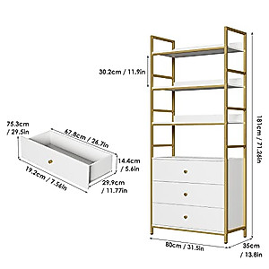 finetones Bookshelf with 3 Drawers, 71.2” Tall White and Gold Bookshelf with Open Shelves & Drawer to Display Flower for Home, Thickened Metal Frames