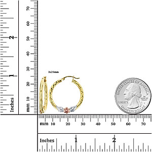 14K Tricolor Diamond Cut Gold Flower Hoop Earrings | 3x30mm Hoop | Earrings For Sensitive Ears | Tricolor Hoops | Small Hoop Earrings | Solid Gold Earrings For Women