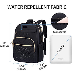 VANKEAN 15.6 Inch Laptop Backpack for Women Men Work Laptop Bag Fashion with USB Port, Waterproof Backpacks Teacher Nurse Stylish Travel Bags Casual Daypacks for School, College, Business, Black