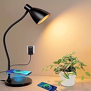 KAiSnova Desk Lamp with Wireless Charger & USB Charging Port, 60 LED Desk Lamps for Home Office, 5 Color & 7 Levels Brightness Touch Control Table Lamp, Gooseneck Desk Lamps for Bedroom Bedside Dorm