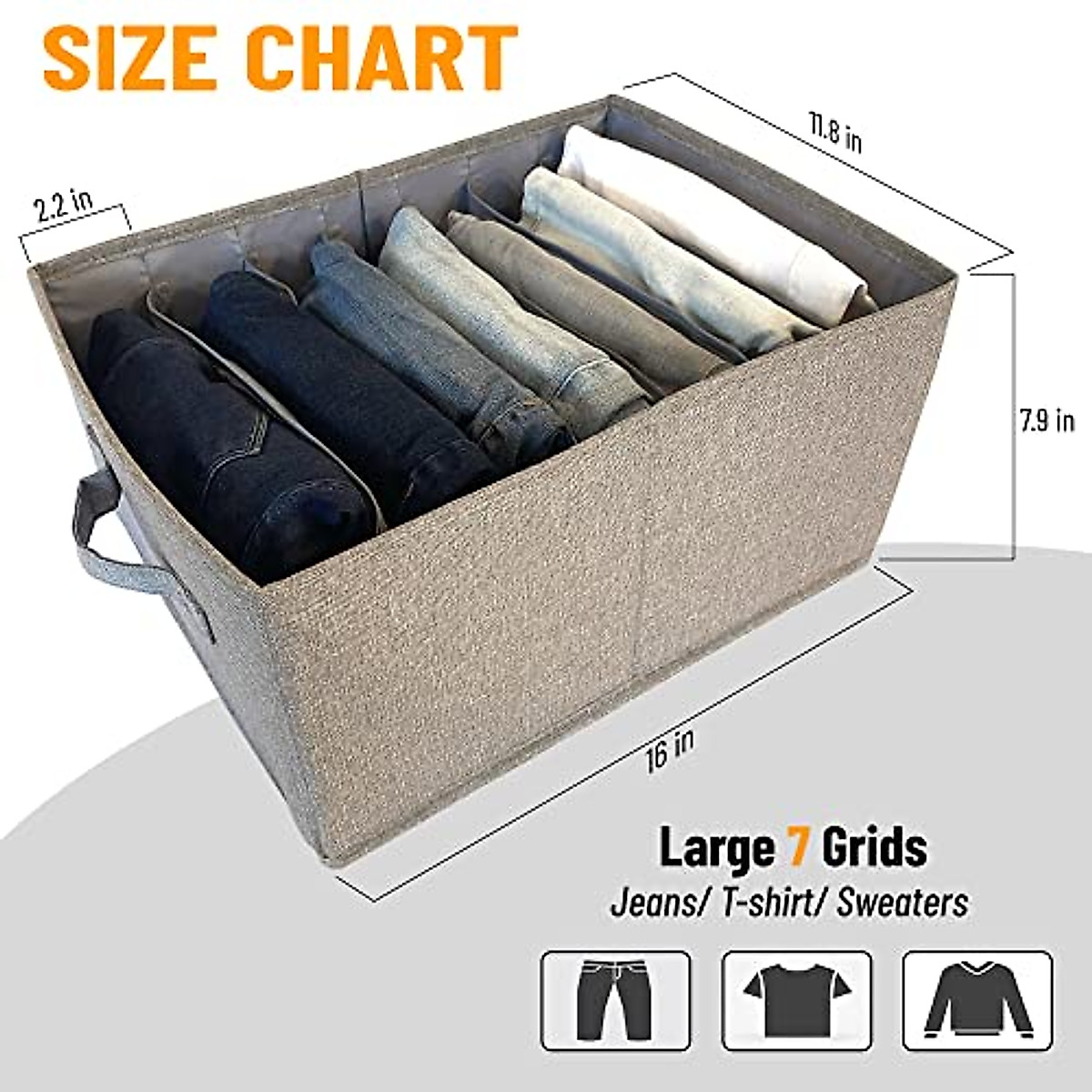 Large Clothes Organizer for Jeans and Sweaters, Sturdy, Stackable, 7 Grid, 2 Handles, Foldable