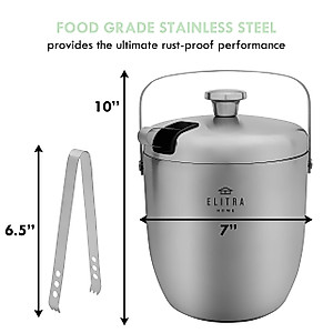 ELITRA Home Stainless Steel Ice Bucket & Wine Chiller with Tongs & Lid - Double Wall Insulated, 3 Liter - Silver