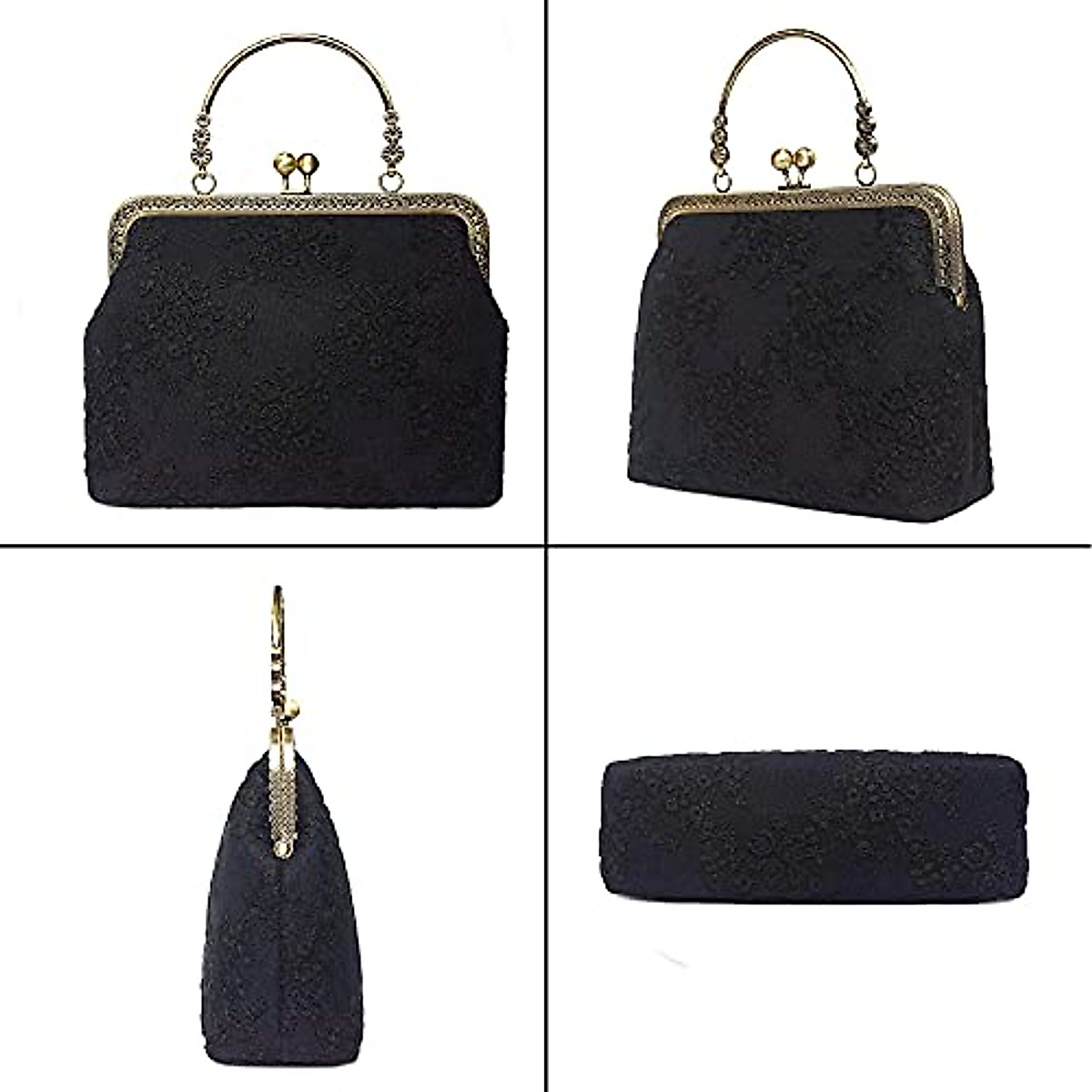 Rejolly Women Vintage Kiss Lock Evening Purse Top Handle Handbag Lace Crossbody Shoulder Clutch Bag with Chain Strap Black