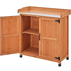 Topeakmart Potting Bench Table - Wooden Storage Cabinet with Removable Shelf & Flexible Space & Metal-Plated Tabletop for Outdoor Garden Patio,Brown