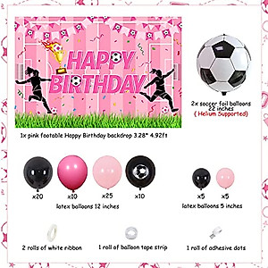 Wonmelody Soccer Birthday Party Decors for Girl Football Birthday Party Decor Sports Birthday Party Supplies Soccer Girl Happy Birthday Backdrop Pink Black Balloon Arch for Football 1st Birthday Party
