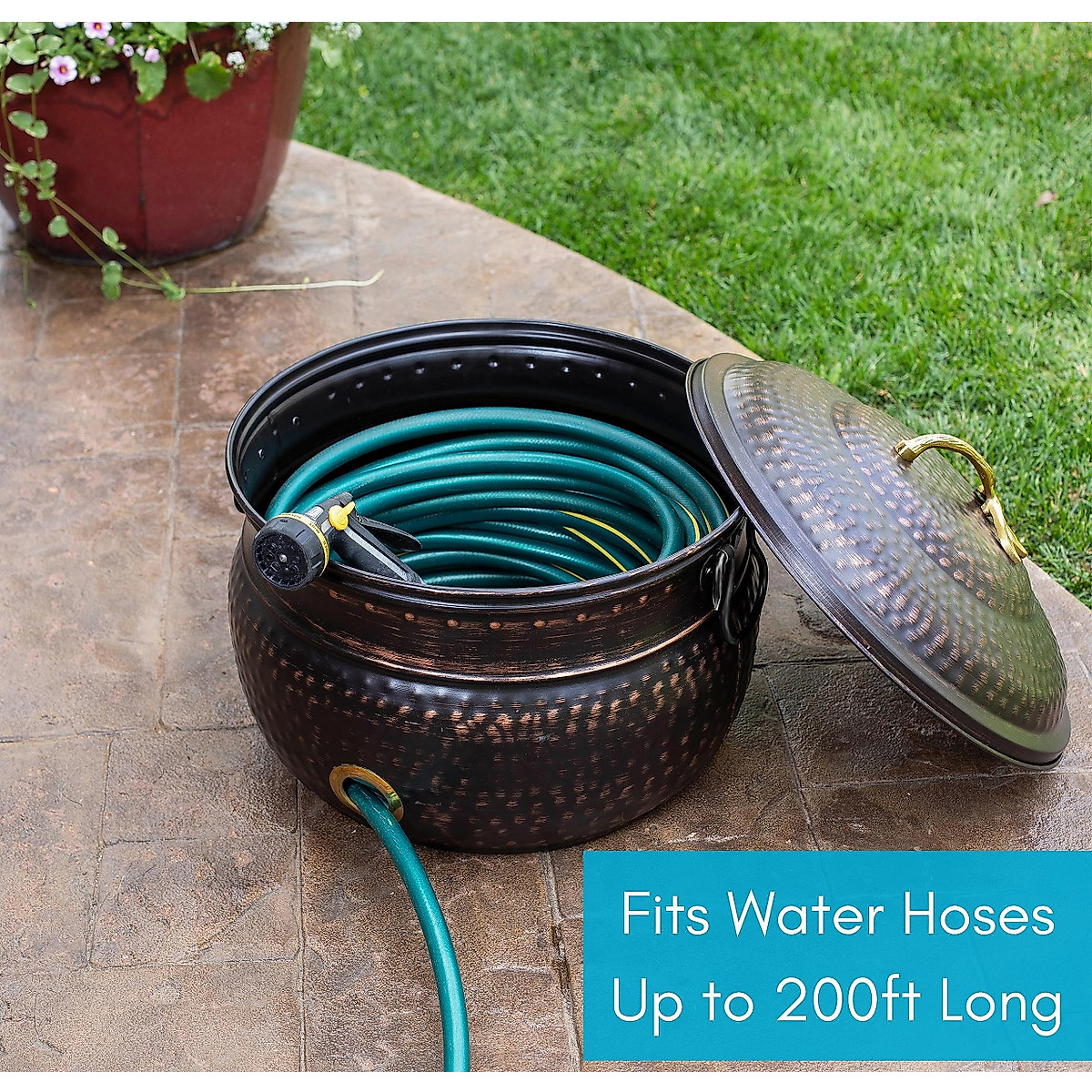 BIRDROCK HOME Decorative Water Hose Holder with Lid | Holds 200ft Hoses | Distressed Bronze | Ground Garden Hose Pot | Handle | Embossed | Steel Metal with Copper Accents | Outdoor or Indoor Use
