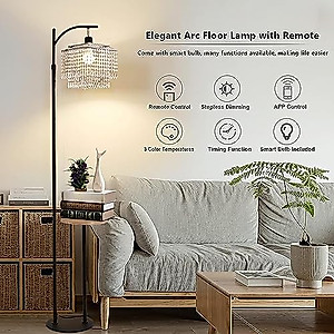 Floor Lamp with Table and Shelves for Living Room Bedroom Modern Arc Crystal Floor Standing Lamp with Remote Dimmable Two Layer Crystals LampShade Black Adjustable Tall Lamp Industrial Floor light