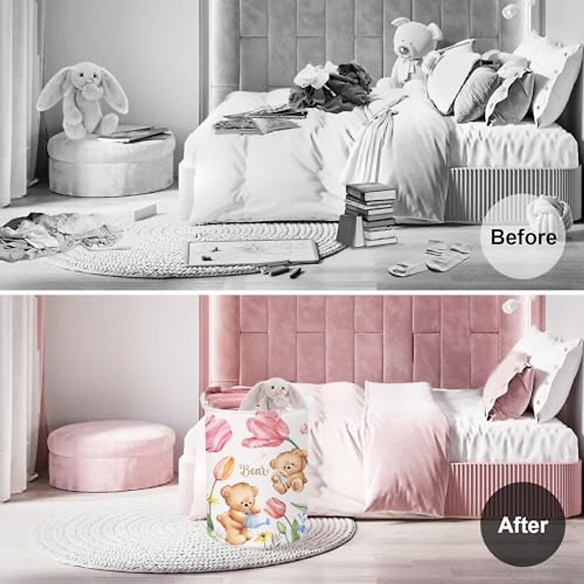 Clastyle Large Pink Tulip Bear Baby Gift Basket Kid Clothes Toy Book Nursery Storage Bin Girl Bedroom Butterfly Flower Laundry Hamper, 14x17.7 in