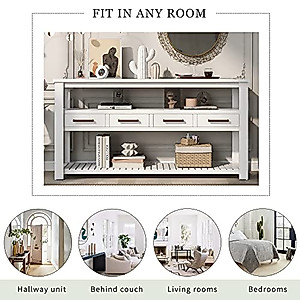 Vintage Multifunction Console Table,62.2'' Modern Sofa Table with 4 Drawers and 2 Storage Shelves,Wooden Buffet Sideboard for Hallway,Entryway,Bedroom,Living Room (White + 4 Drawers)