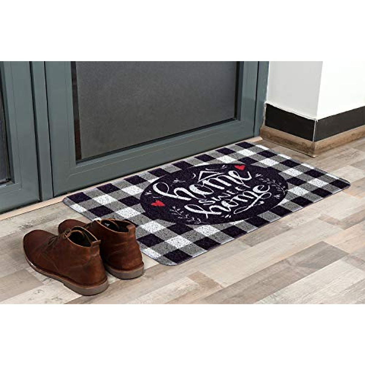 RORA PVC Outdoor Indoor Welcome Doormat Black White Buffalo Check Rugs Home Sweet Home Plaid Rug Rubber Backing Non-Slip Entryway Rugs Shoes Mat Scraper Carpet for Garage Patio Garden(18"x30")