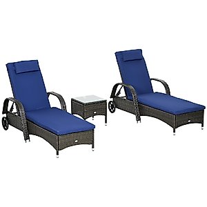 Outsunny Wicker Outdoor Chaise Lounge Set of 2, 5-Level Adjustable Backrest PE Rattan Pool Lounge Chair with Wheels, Cushion & Headrest, Brown and Dark Blue