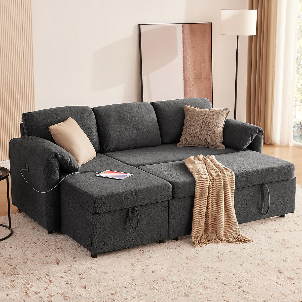 Tbfit Sleeper Sofa Couch with Pullout Bed, 83’’Sofa Bed Couch with Storage Chaise & USB, Egyptian Velvet Convertible Sleeper Sofa, Pull Out Sofa for Living Room, Dark Gray