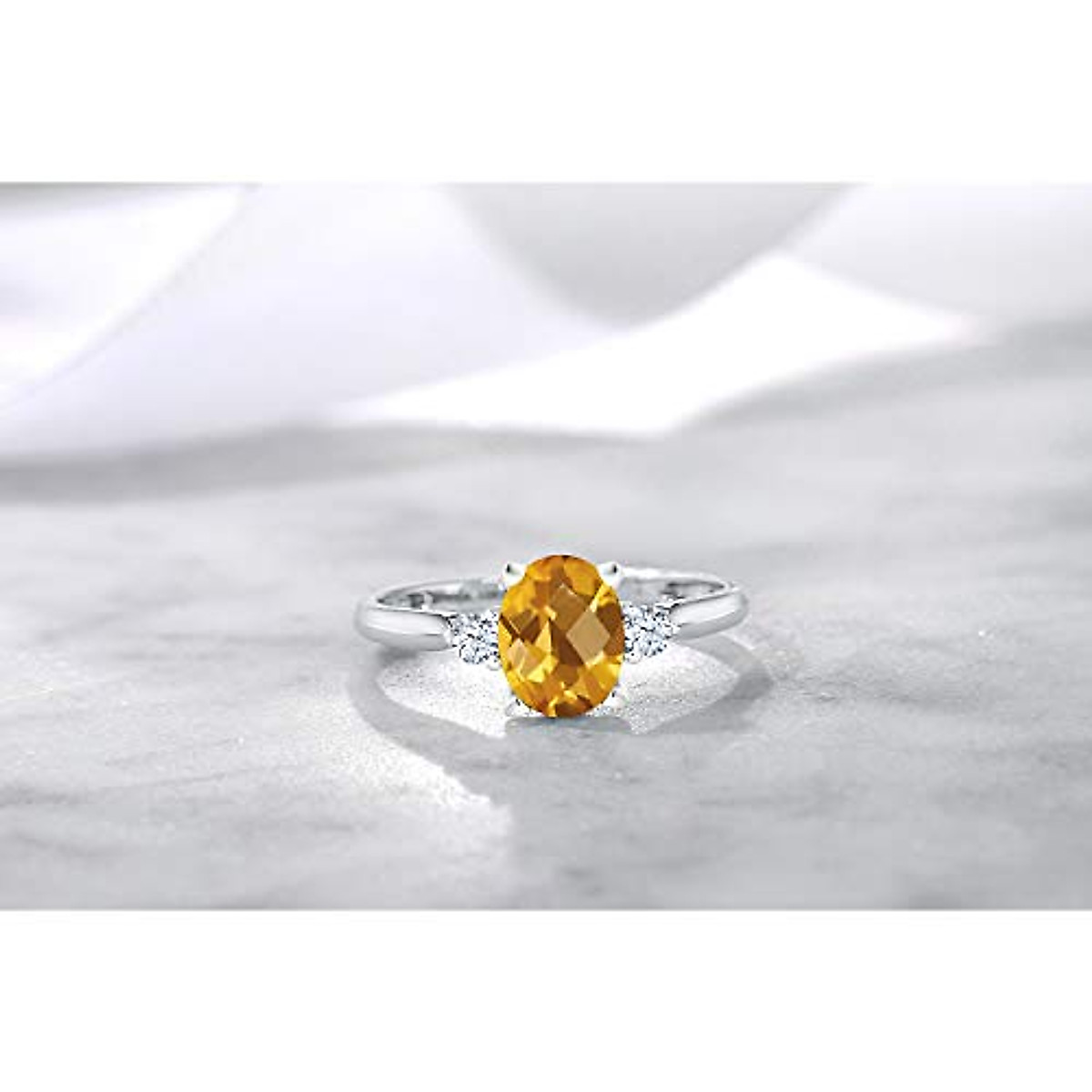 Gem Stone King 10K White Gold Citrine and White Created Sapphire 3-Stone Women's Ring (1.35 Cttw, Checkerboard Cut, Gemstone Birthstone, Available In Size 5, 6, 7, 8, 9)