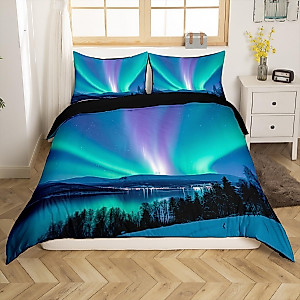 Aurora Bedding Set for Girls Boys Children Northern Light Comforter Cover Decorative Starry Sky Aurora Duvet Cover Starts Snow Mountains Bedspread Cover Full Size 3Pcs Bedclothes (No Comforter)