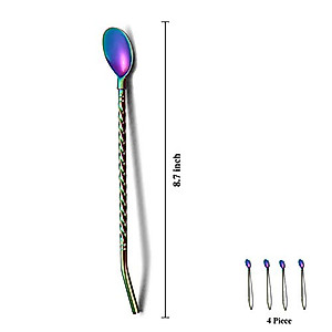 HOMQUEN Rainbow Iced Tea Spoon with Straw Handle for Drinking, 4 Pieces 8.7" Stainless Steel Titanium Rainbow Plating Long Handle Bar Spoon Silverware for Mixing and Stirring