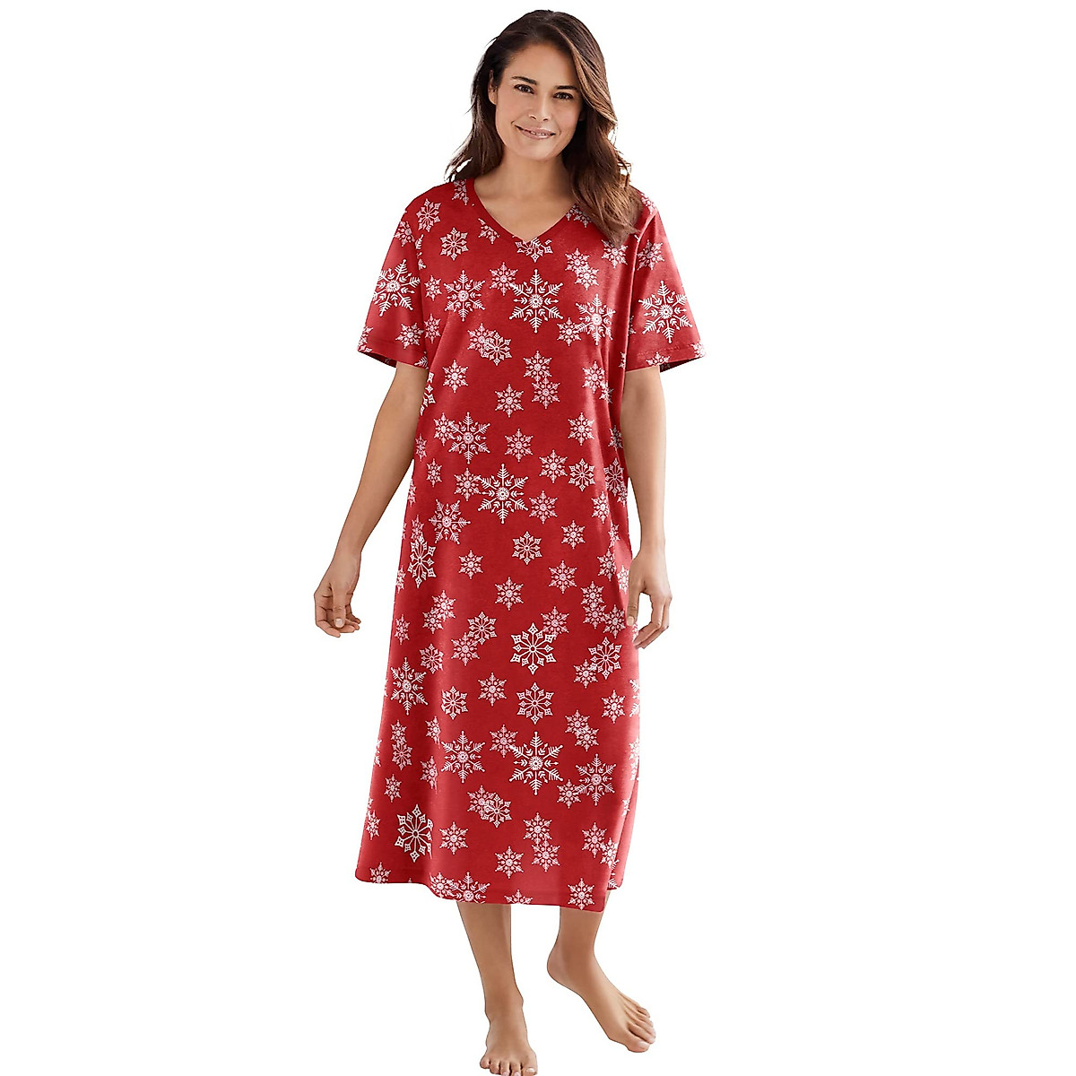 Dreams & Co. Women's Plus Size Long Print Sleepshirt - 3X/4X, Classic Red Winter Snow