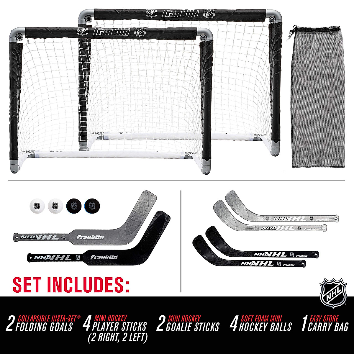 Franklin Sports NHL Mini Hockey Goal Set of 2 - Black - Includes Mini Hockey Goals, 4 Hockey Sticks, 2 Goalie Sticks, and 4 Foam Hockey Balls