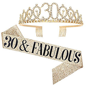 "30 and Fabulous" Sash & Rhinestone Tiara Set - 30th Birthday Gifts Birthday Sash for Women Birthday Party Supplies (Gold Glitter with Black Lettering)