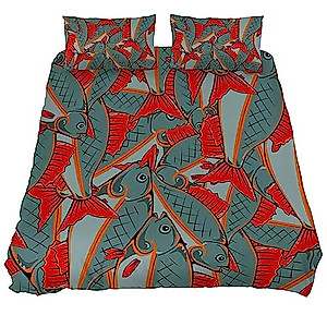 DragonBtu Bedding Duvet Cover Set Red Fins and Tails Quilt Cover Soft Bedding Sets 3 Piece with 2 Pillow Shams for Women Men