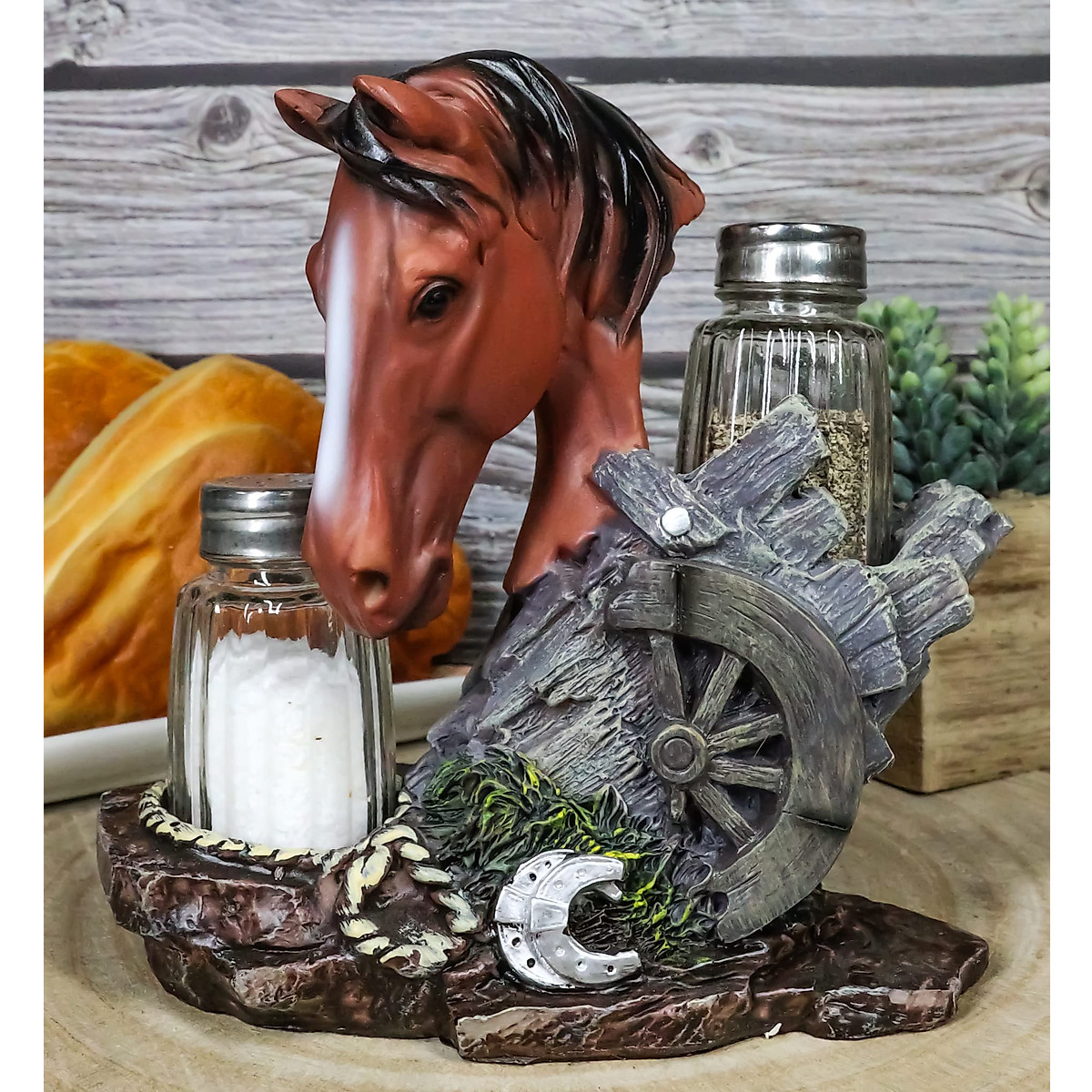 Ebros Country Western Chestnut Brown Stallion Horse By Farm Wagon Wheel Lasso Horseshoes Salt And Pepper Shakers Holder Figurine Set 6.25"High Old Fashioned Rustic Decor Statue (Chestnut Brown)