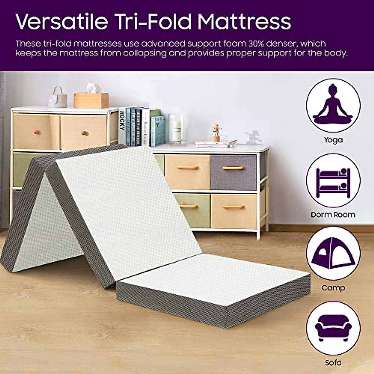 Zutan 3-Inch Tri-Folding Zipper Mattress with Breathable Gel Memory Foam | Multi-Adjustable Lightweight Bedding Mattresses with Mesh Sides, Portable Ultra Soft Washable Covers, 25-Inch, White